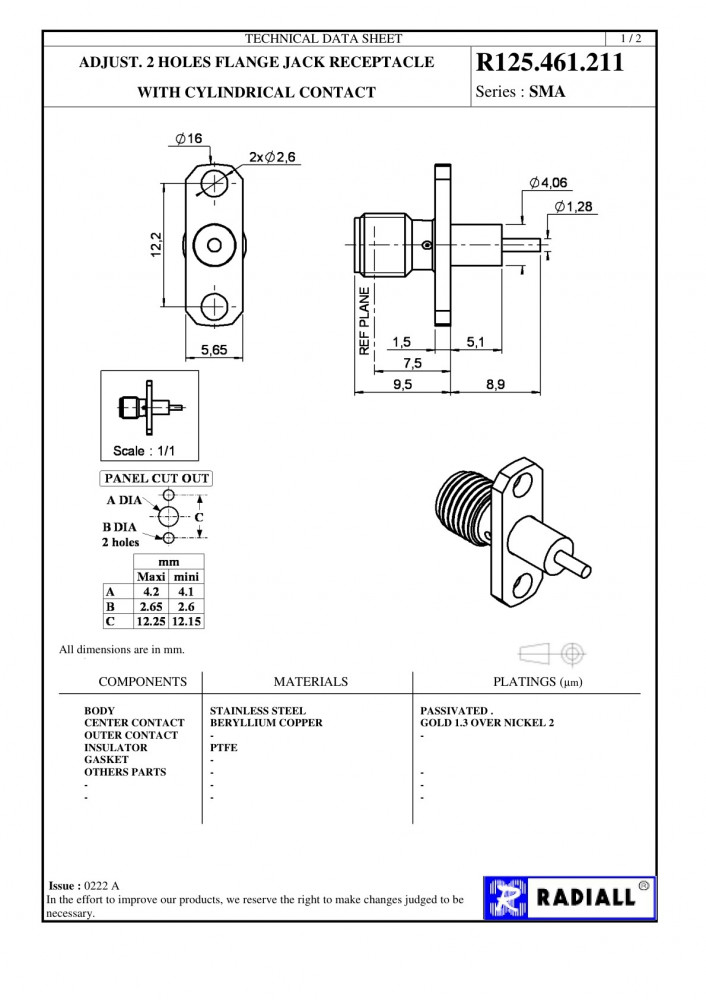 Radiall R125.461.211 technical data sheet, page 1