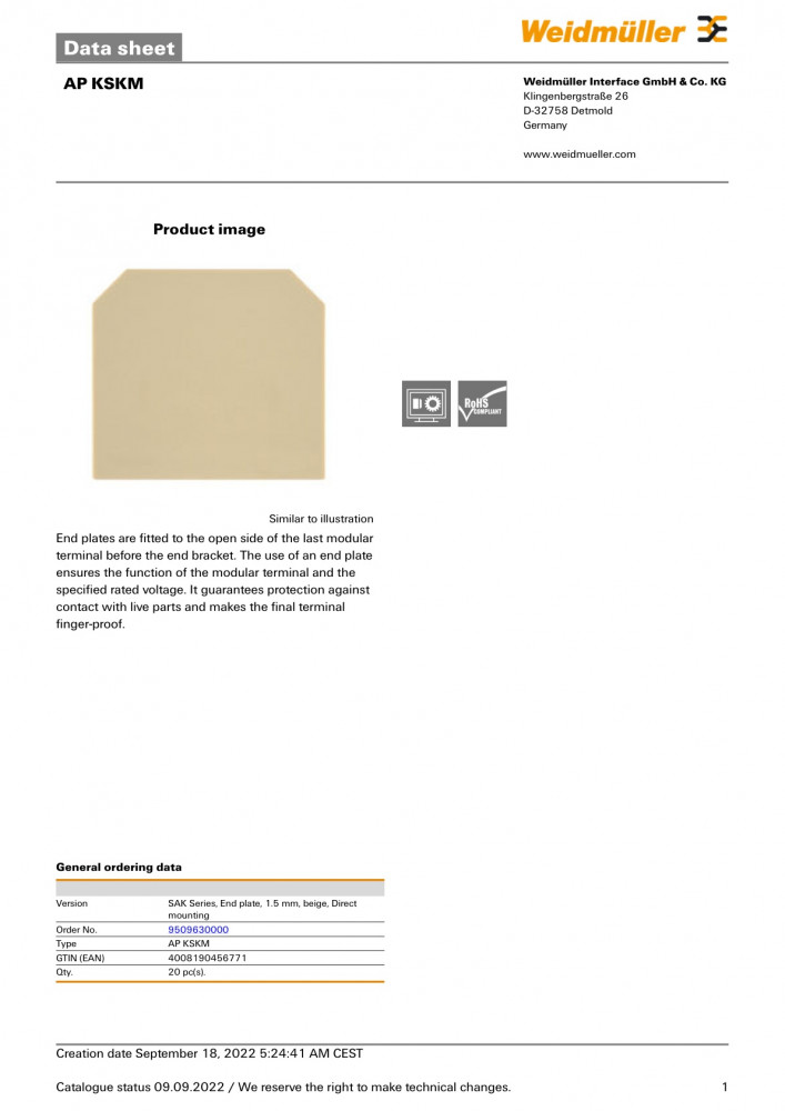 WEIDMULLER AP KSKM end plate technical illustration