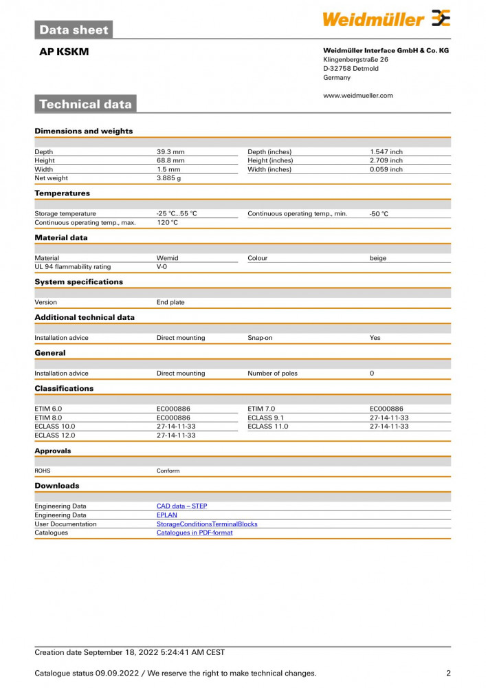 WEIDMULLER AP KSKM end plate dimensional illustration