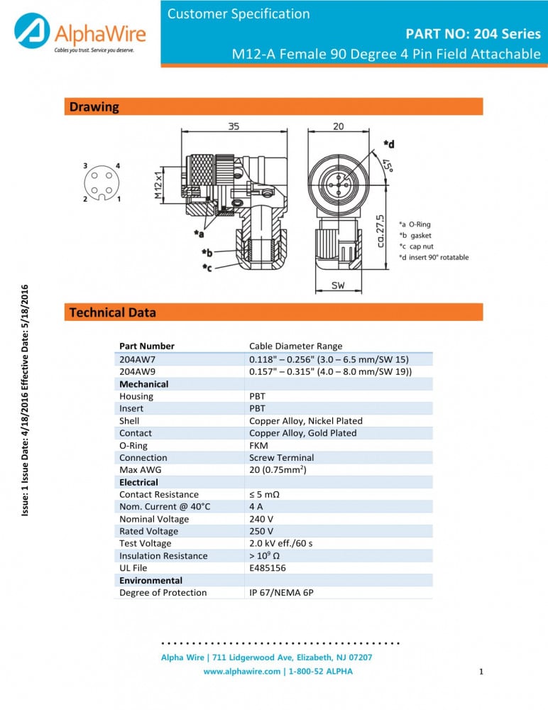 Alpha Wire 204AW7 NC081 technical document page 1