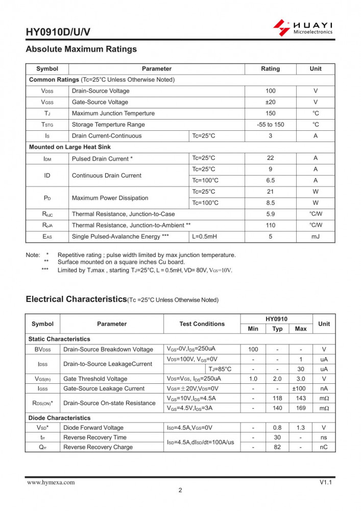 HY0910D datasheet page 2