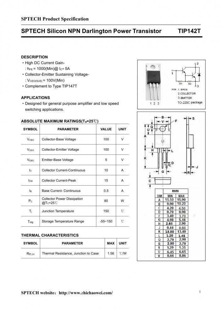 TIP142T SPTECH datasheet page 1