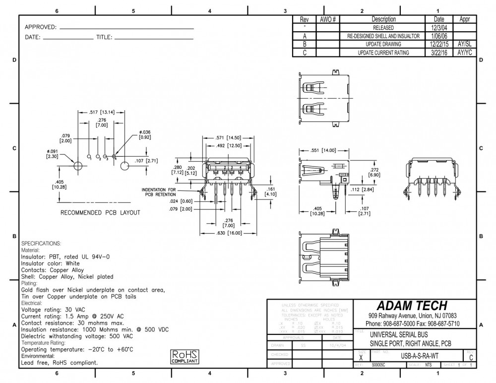 ADAM TECH USB-A-S-RA-WT product drawing preview
