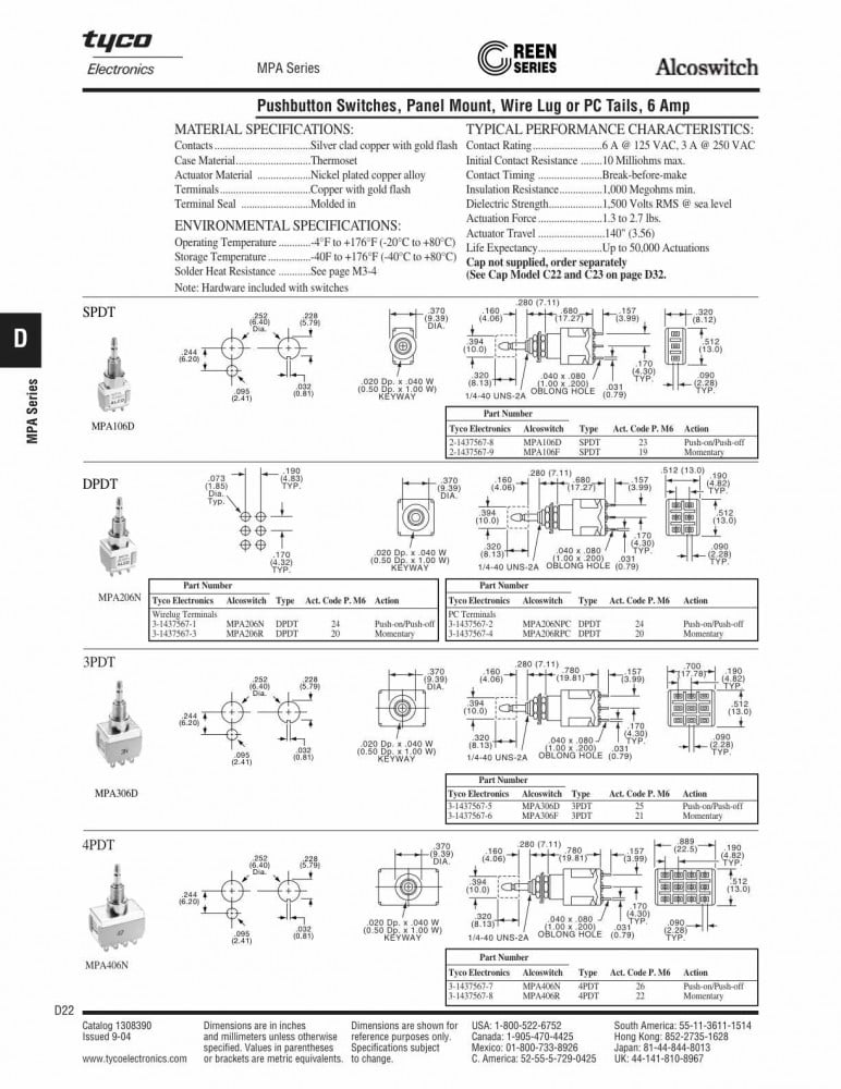 TE Connectivity pushbutton switch document page 1