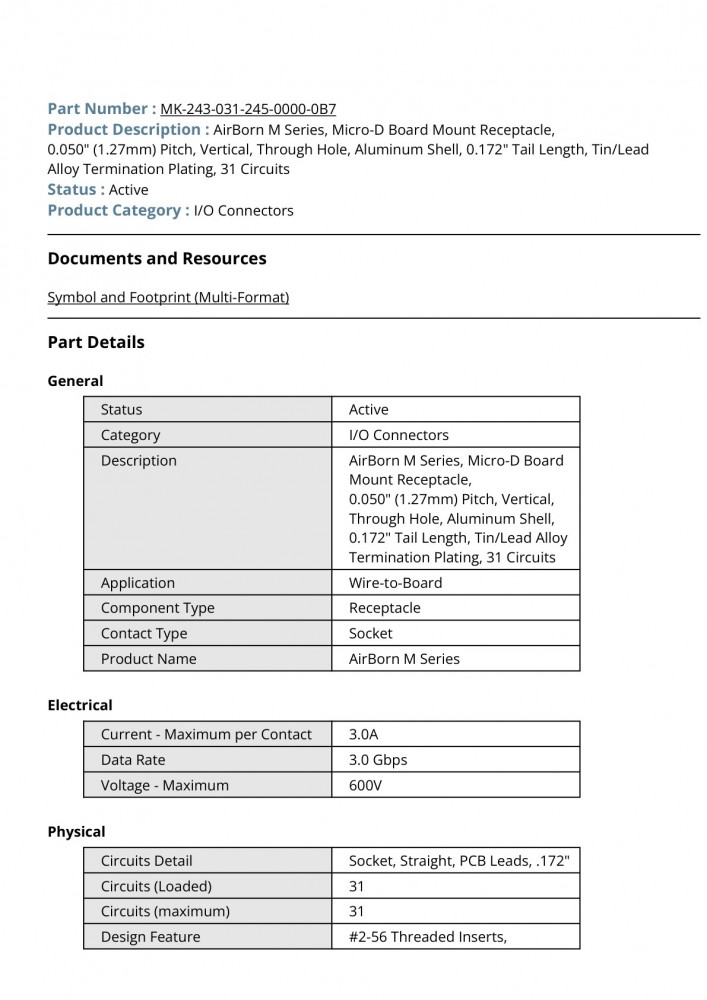 Technical document page 1 for MK-243-031-245-0000-0B7