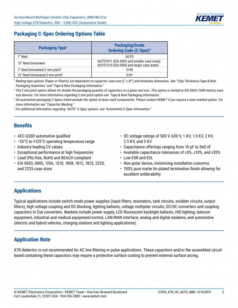 KEMET C1206C102KGRACAUTO datasheet page 2