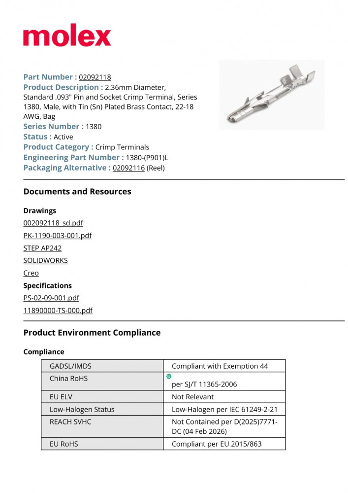 Molex .093 standard pin and socket terminals document page 1
