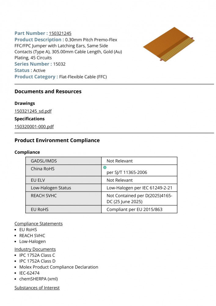 Molex FFC specification document page 1