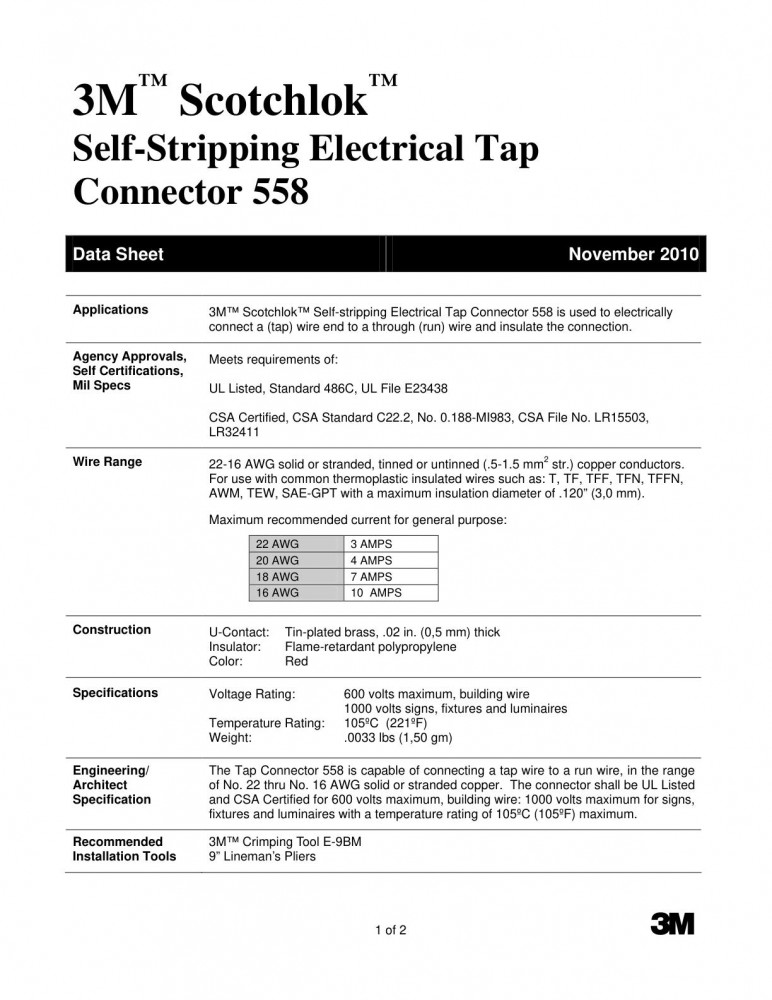 3M Scotchlok 558-POUCH technical datasheet page 1