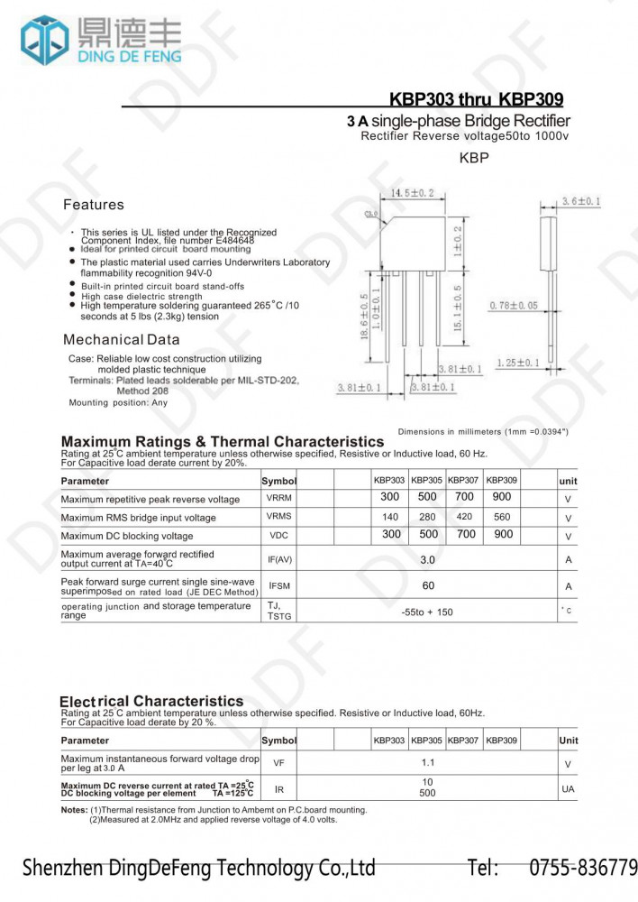 KBP303 through KBP309 bridge rectifier datasheet, page 1