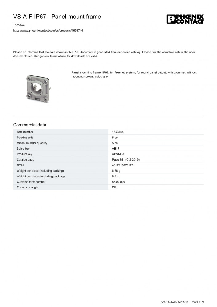 Phoenix Contact 1653744 product documentation page 1