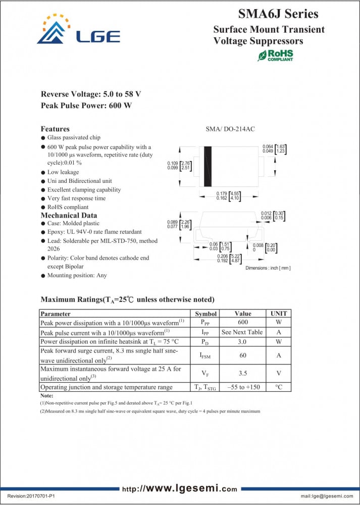 LGE SMA series TVS datasheet page 1