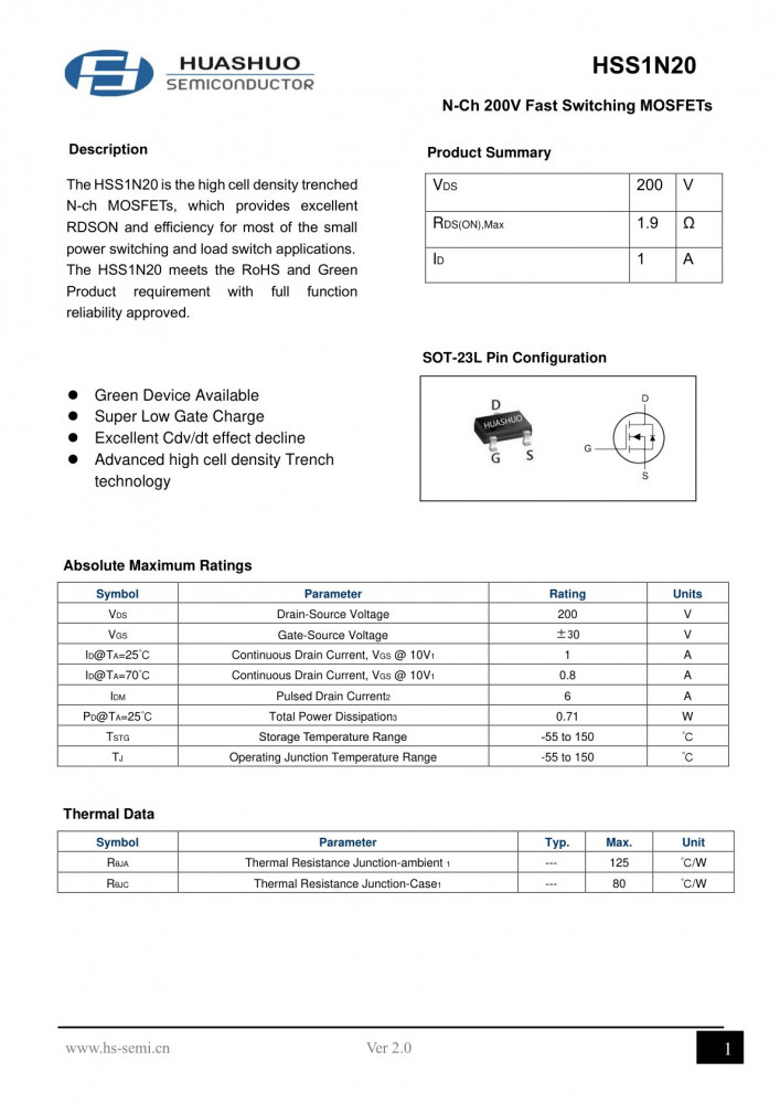 HSS1N20 datasheet page 1