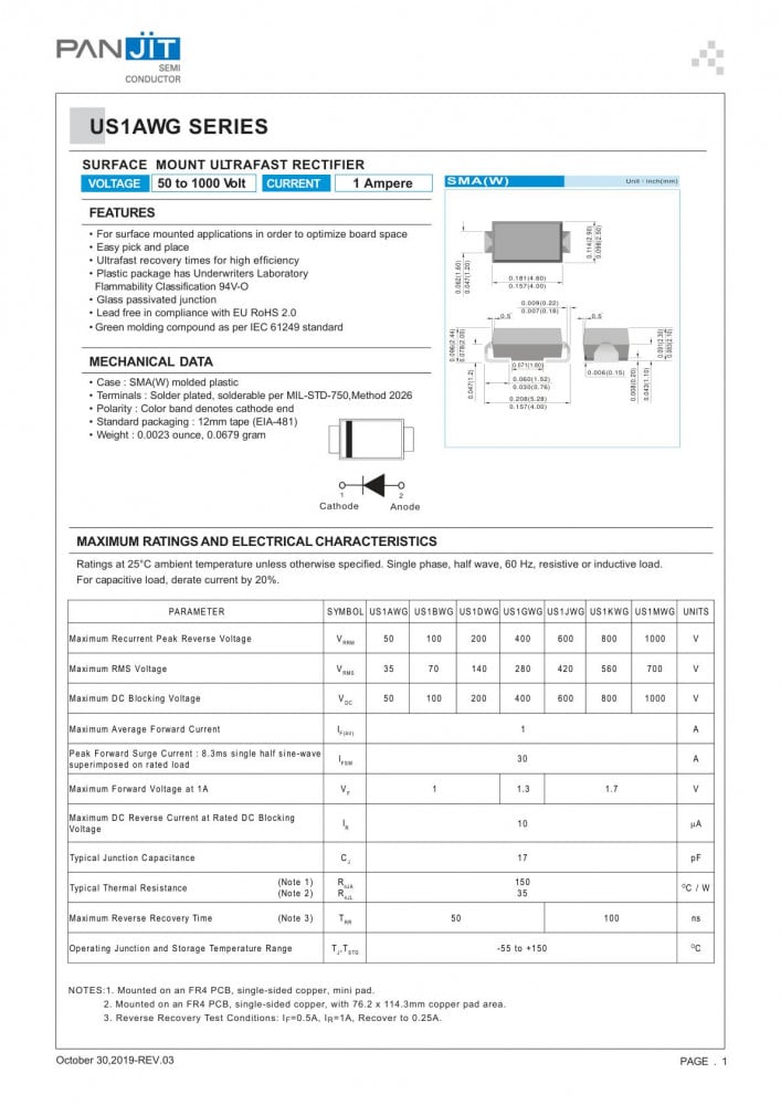 PANJIT US1MWG datasheet page 1