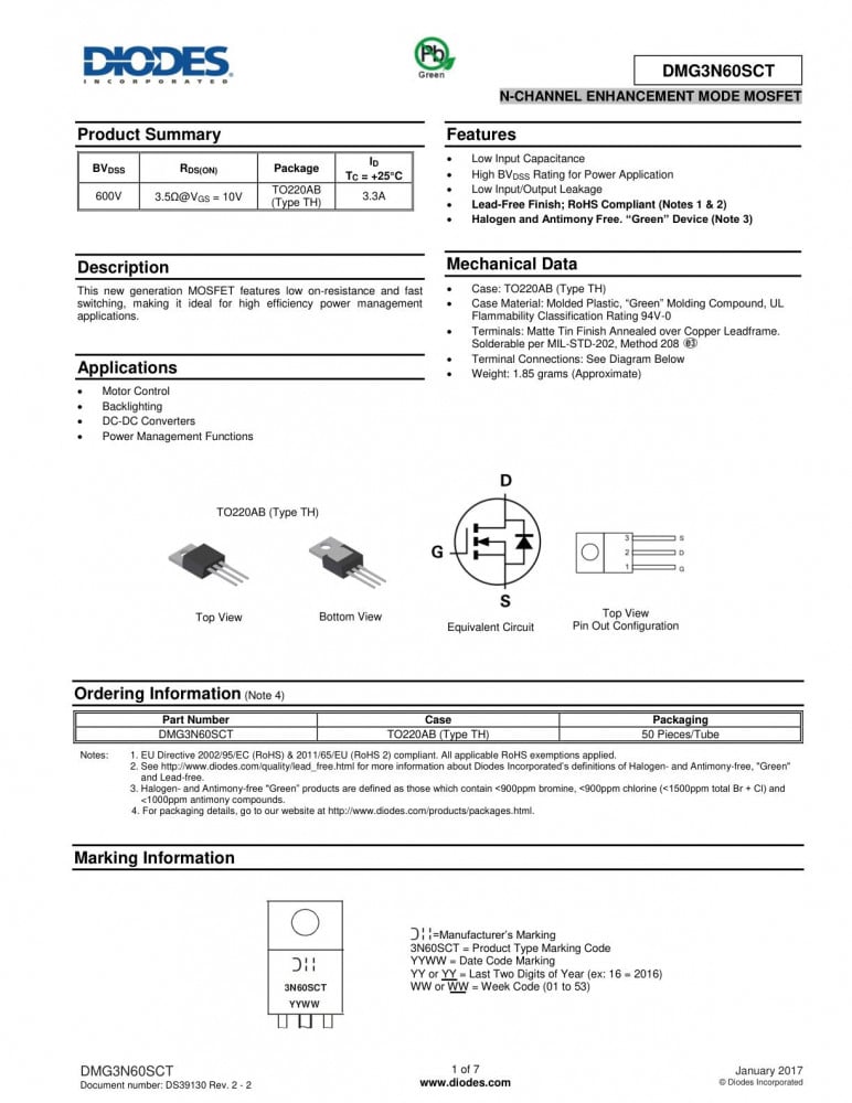 DMG3N60SCT datasheet page 1