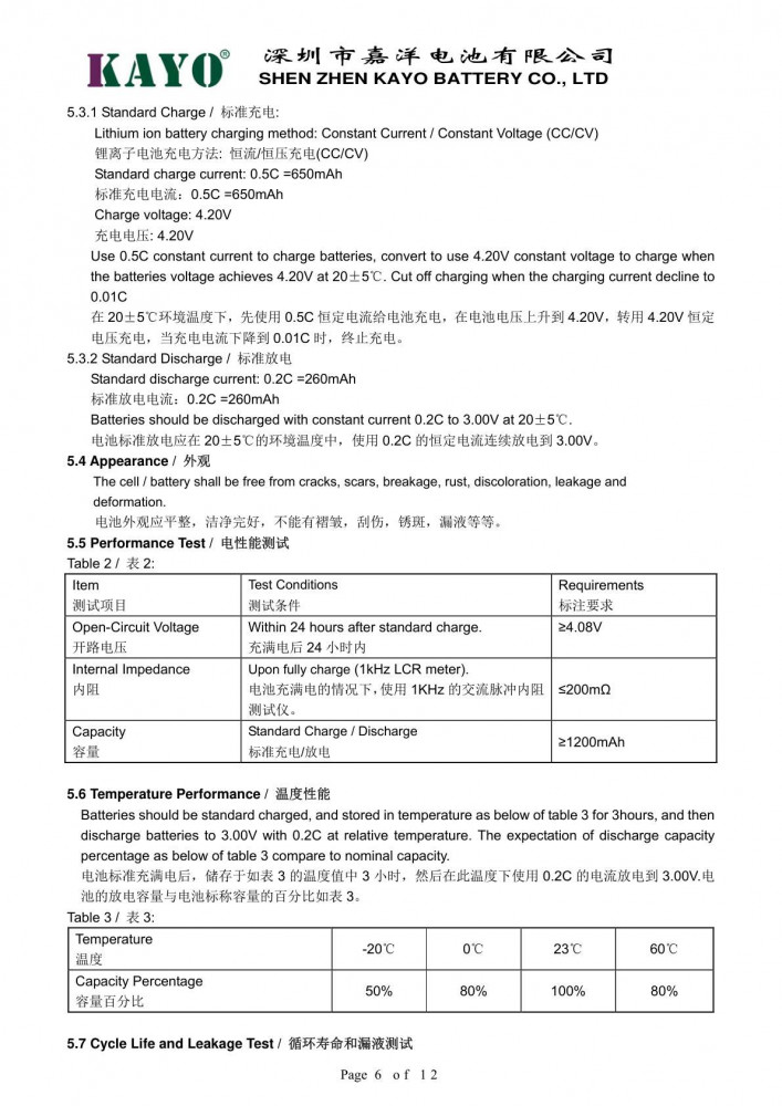 Battery specification document page 6