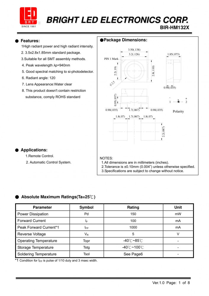 BIR-HM132X datasheet page 1