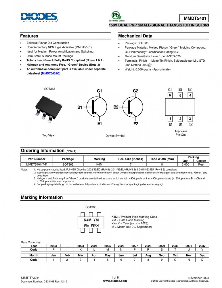 MMDT5401-7-F datasheet page 1