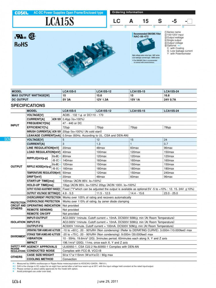 Cosel LCA series datasheet page 3