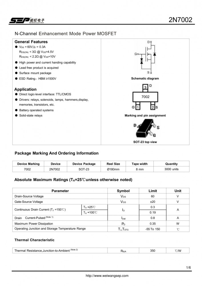 2N7002 datasheet page 1