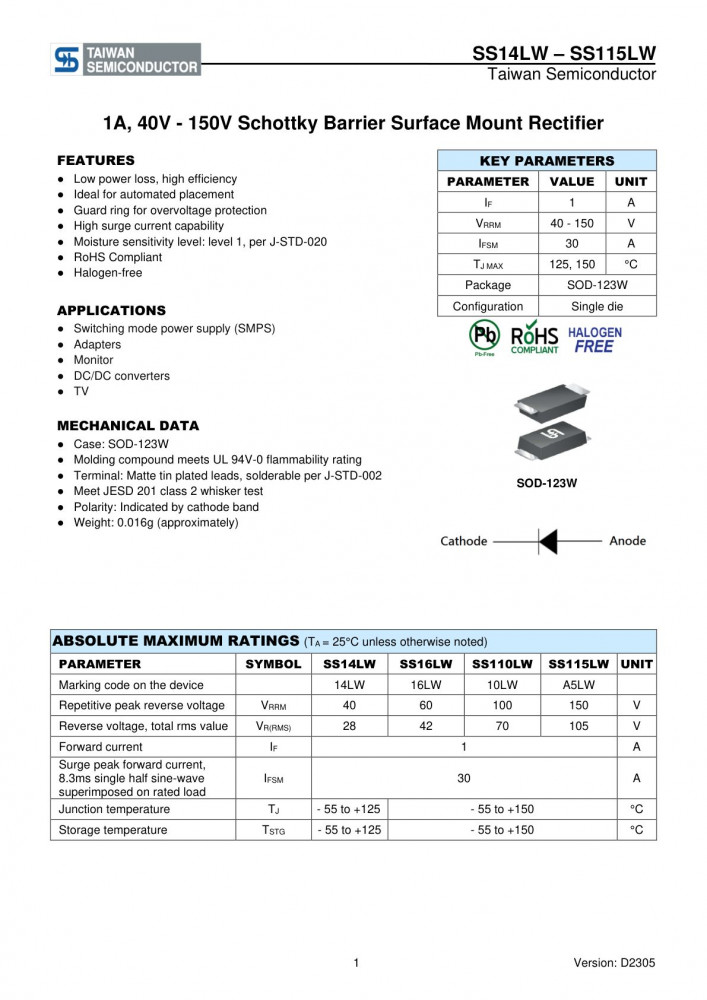 SS14LW datasheet page 1