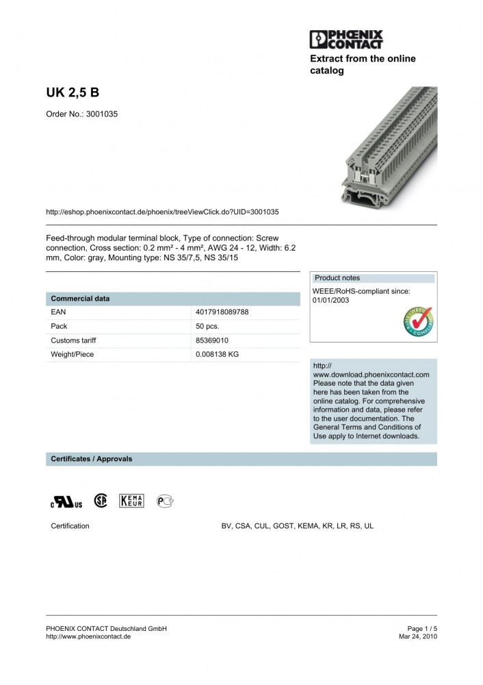 Phoenix Contact UK 2,5 B technical document page 1