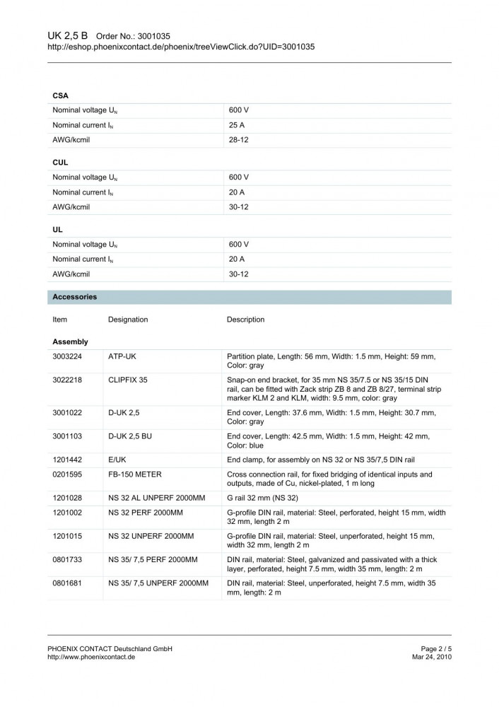 Phoenix Contact UK 2,5 B technical document page 2