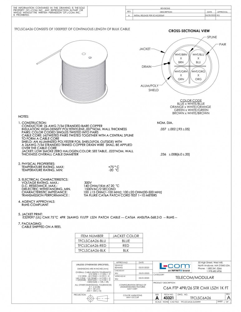 L-com TFCLSC6A26 cable technical drawing