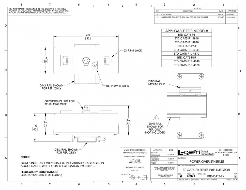 L-com BTD-CAT5-PX PoE injector engineering drawing