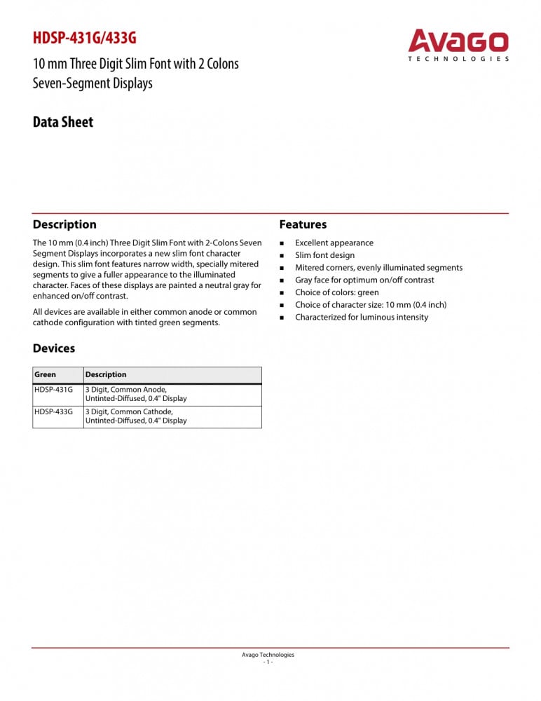 HDSP-433G datasheet page 1