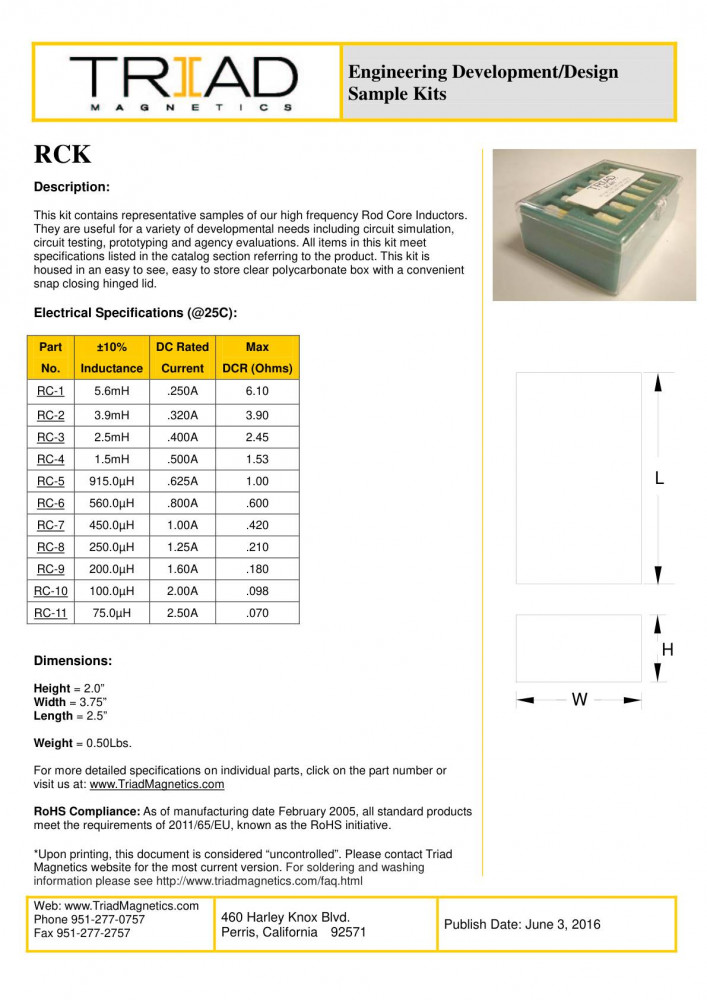 RCK rod core inductor kit product document