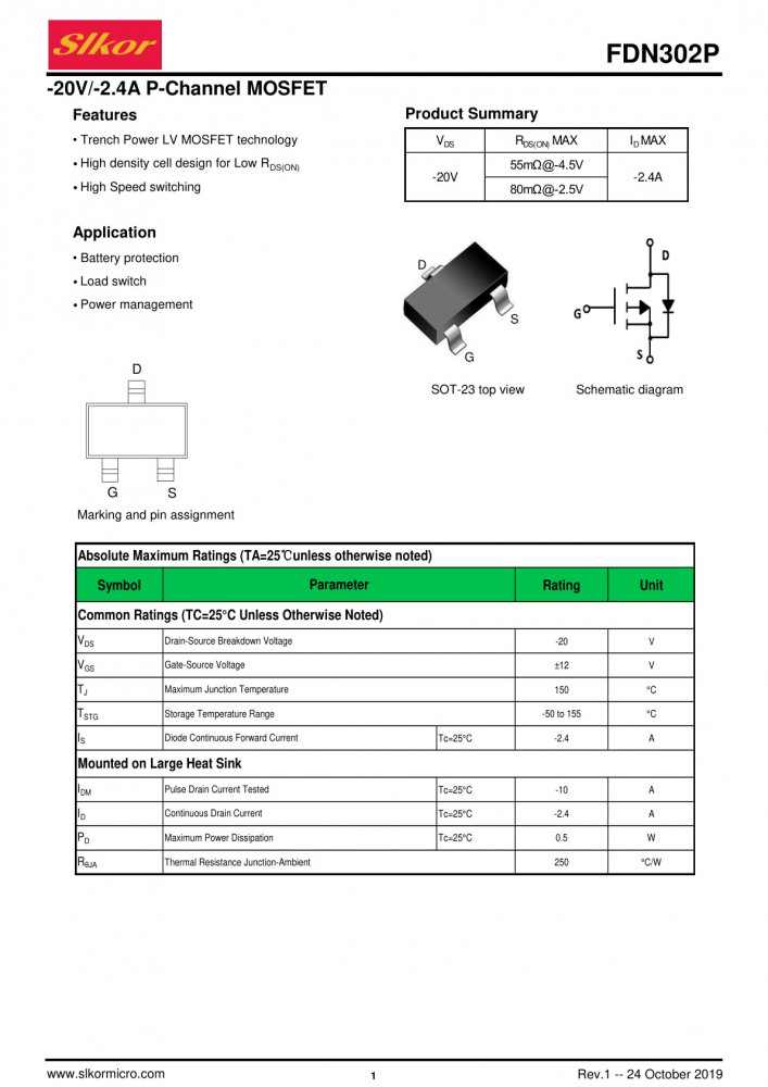 FDN302P datasheet page 1