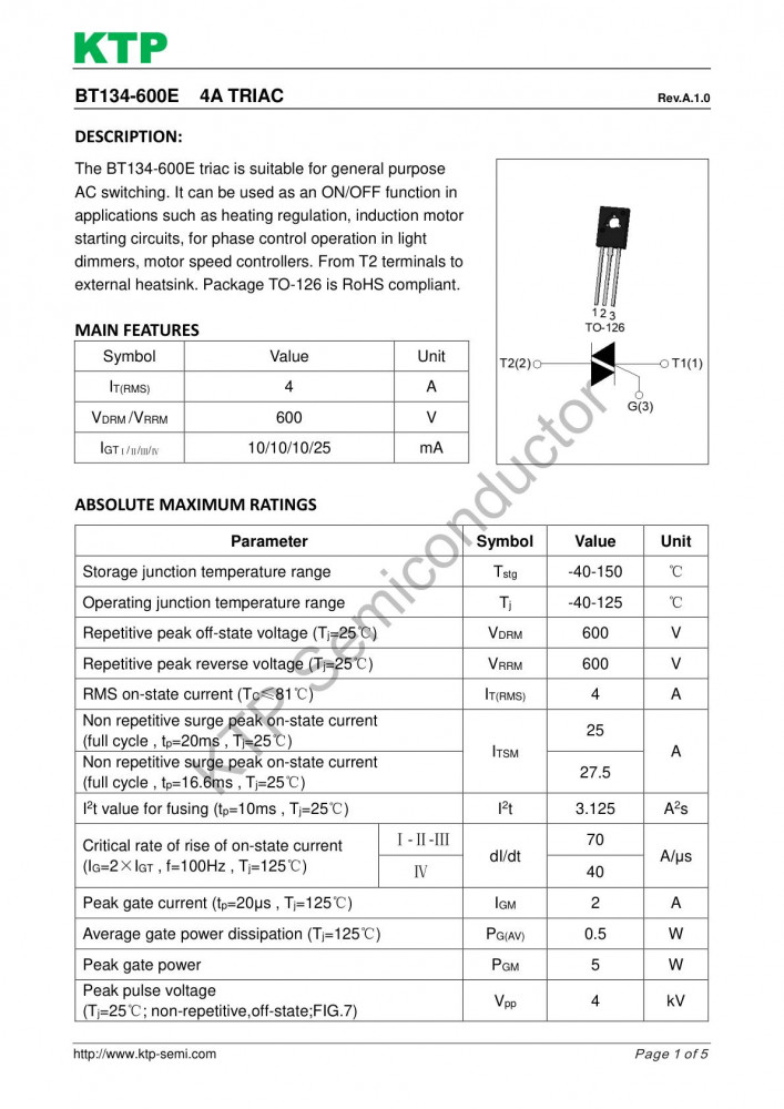 BT134-600E datasheet page 1