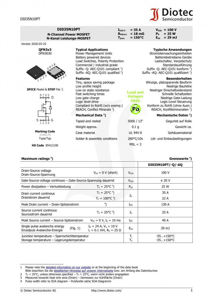 DIOTEC DI035N10PT datasheet page 1