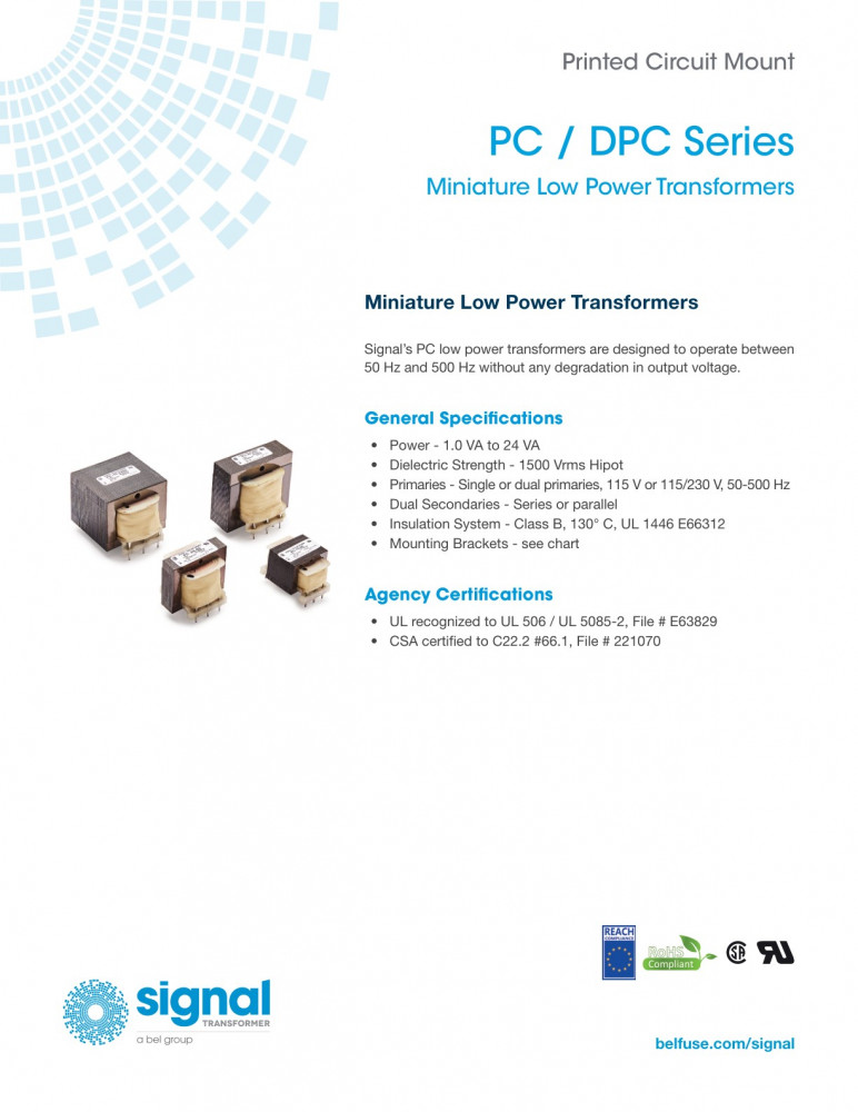 DPC and PC series transformer datasheet page 1