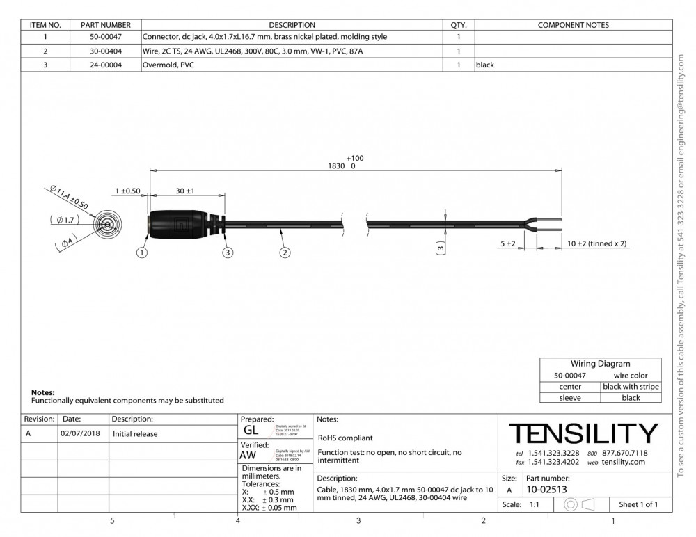 Tensility 10-02513 cable assembly drawing and wiring diagram