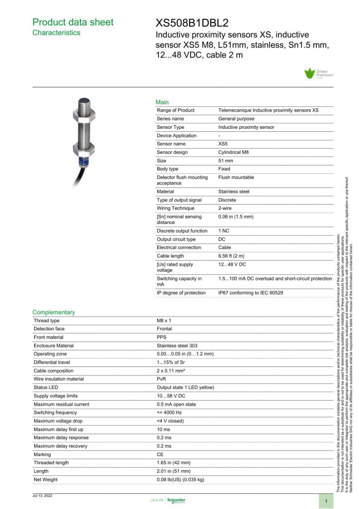 XS508B1DBL2 technical document page 1