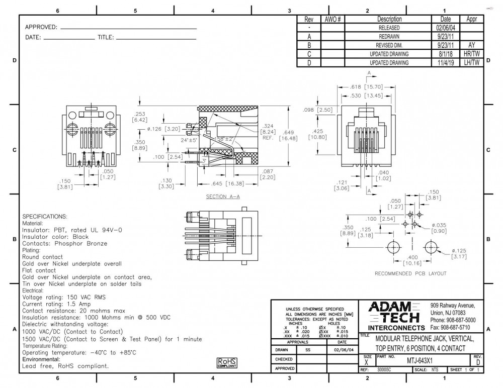 MTJ-643X1 technical drawing and specifications