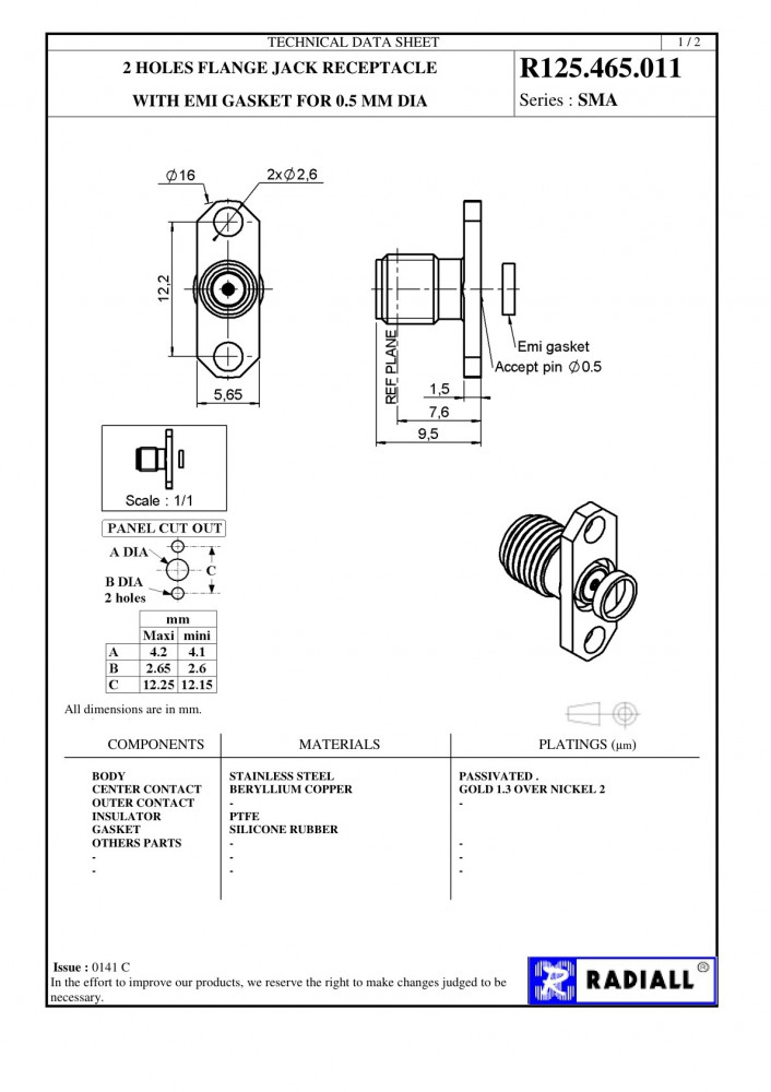 Radiall R125465011 technical data sheet, page 1