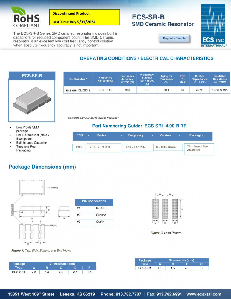 ECS-SR-B ceramic resonator datasheet preview