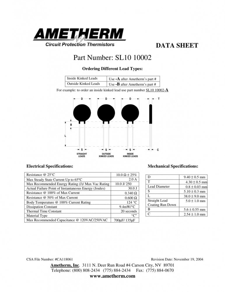 Ametherm SL10-10002 technical document preview