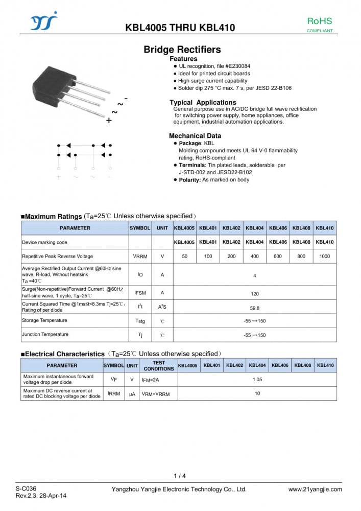 KBL406 datasheet page 1
