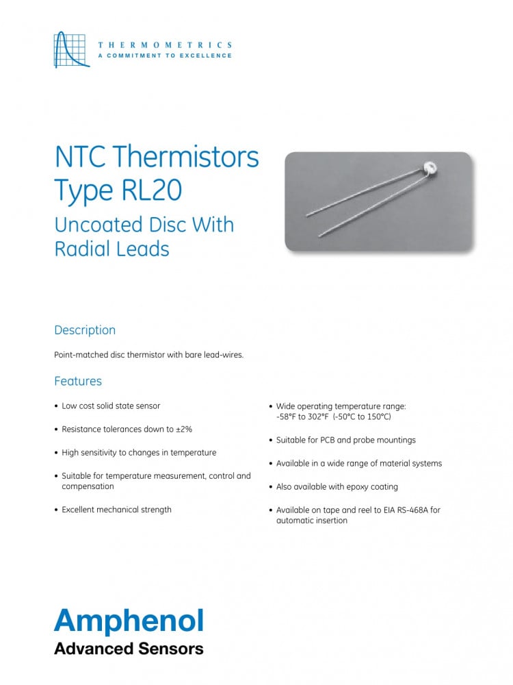 Amphenol RL20 NTC thermistor datasheet page 1