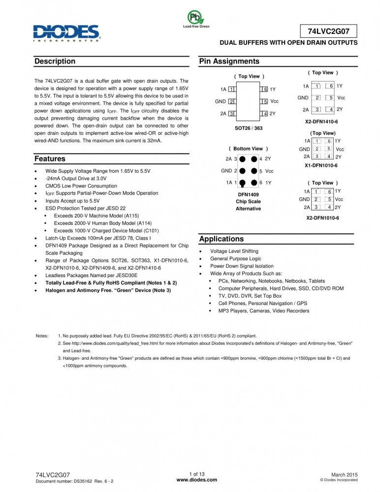 74LVC2G07FW5-7 datasheet page 1