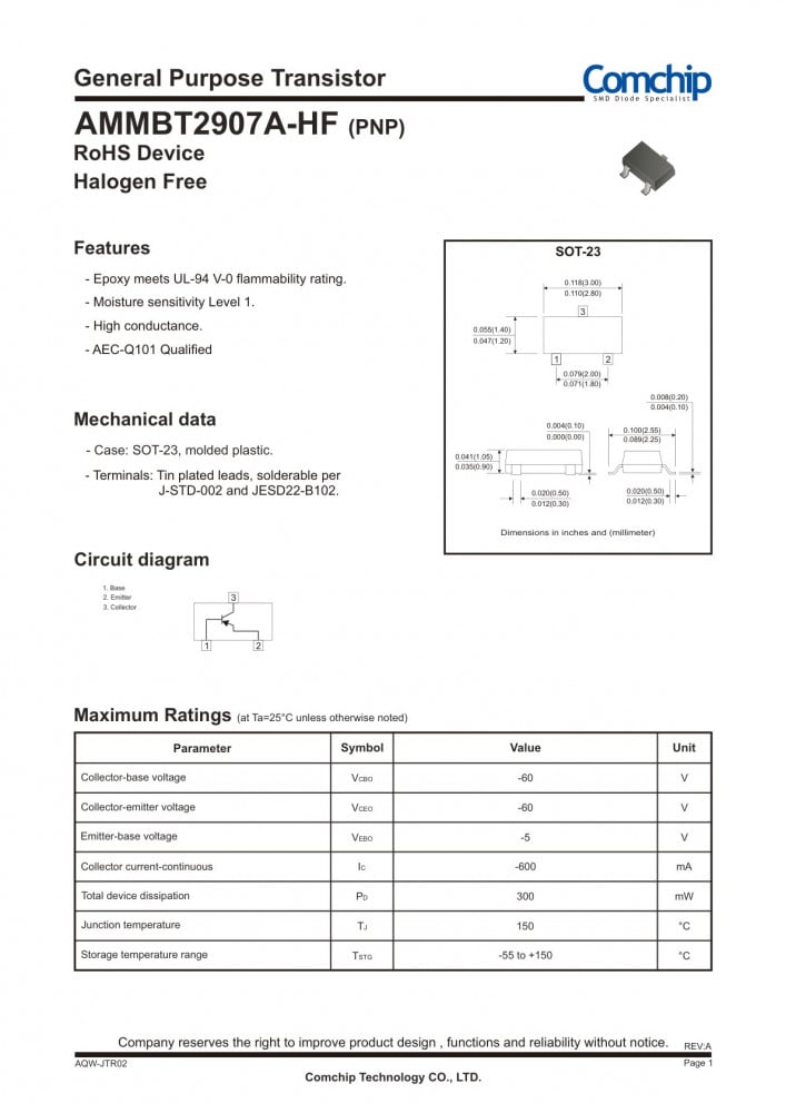 AMMBT2907A-HF datasheet page 1