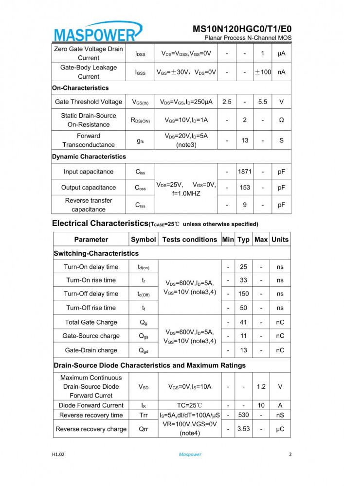MASPOWER MS10N120HGC0 datasheet page 2