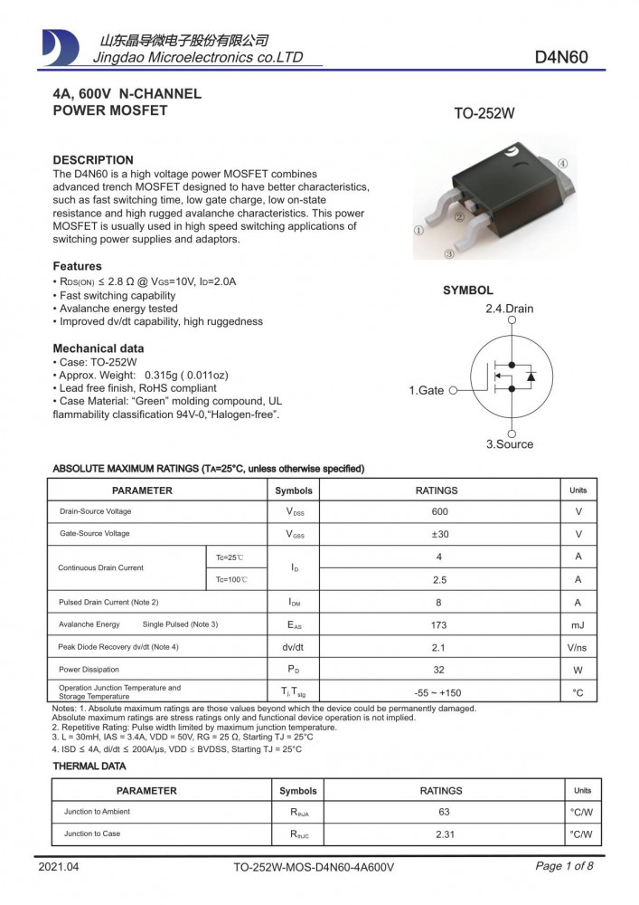 D4N60 datasheet page 1