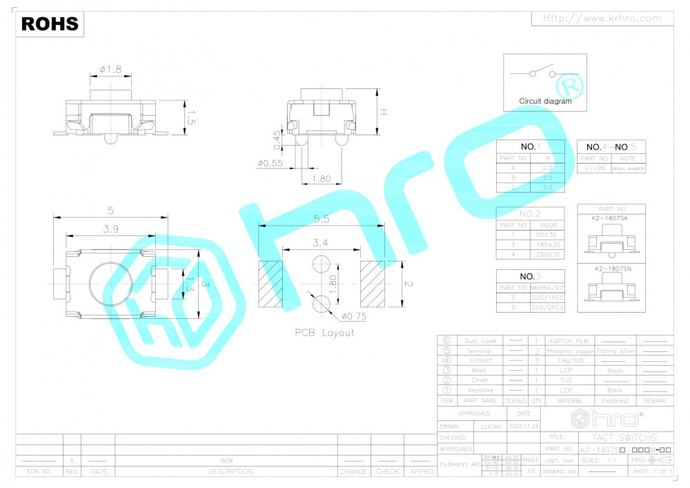 K2-1807SN-A4DW-06 tactile switch drawing
