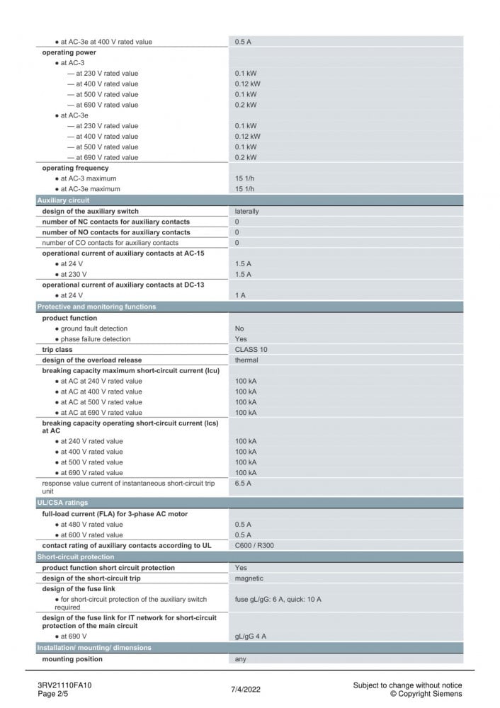 3RV21110FA10 technical document page 2