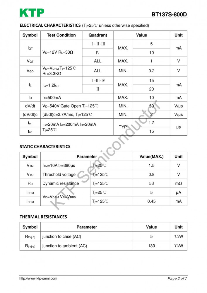 BT137S-800D(KTP) datasheet page 2